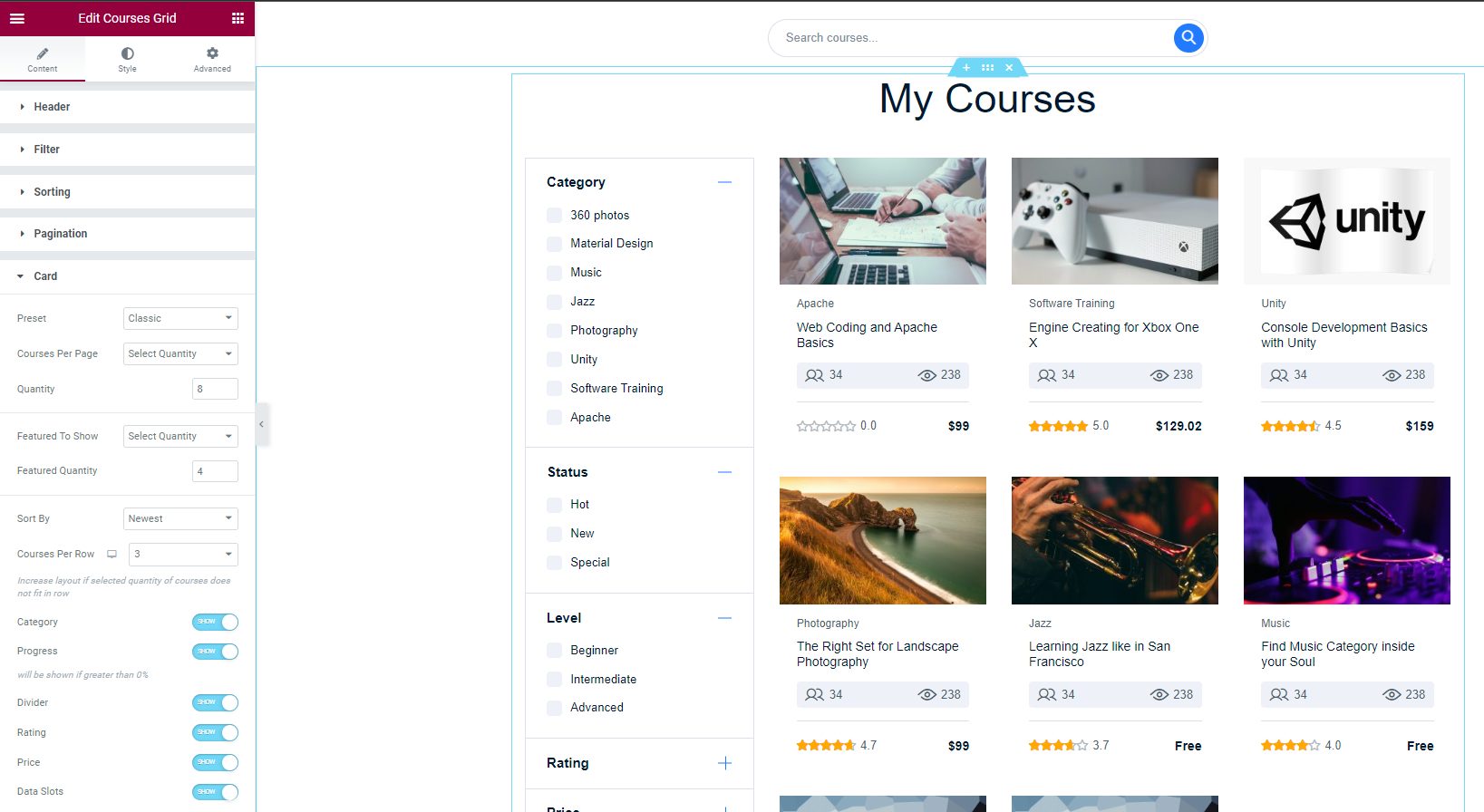 New Widget Courses Elementor Page & Courses Grid in MasterStudy LMS WordPress plugin